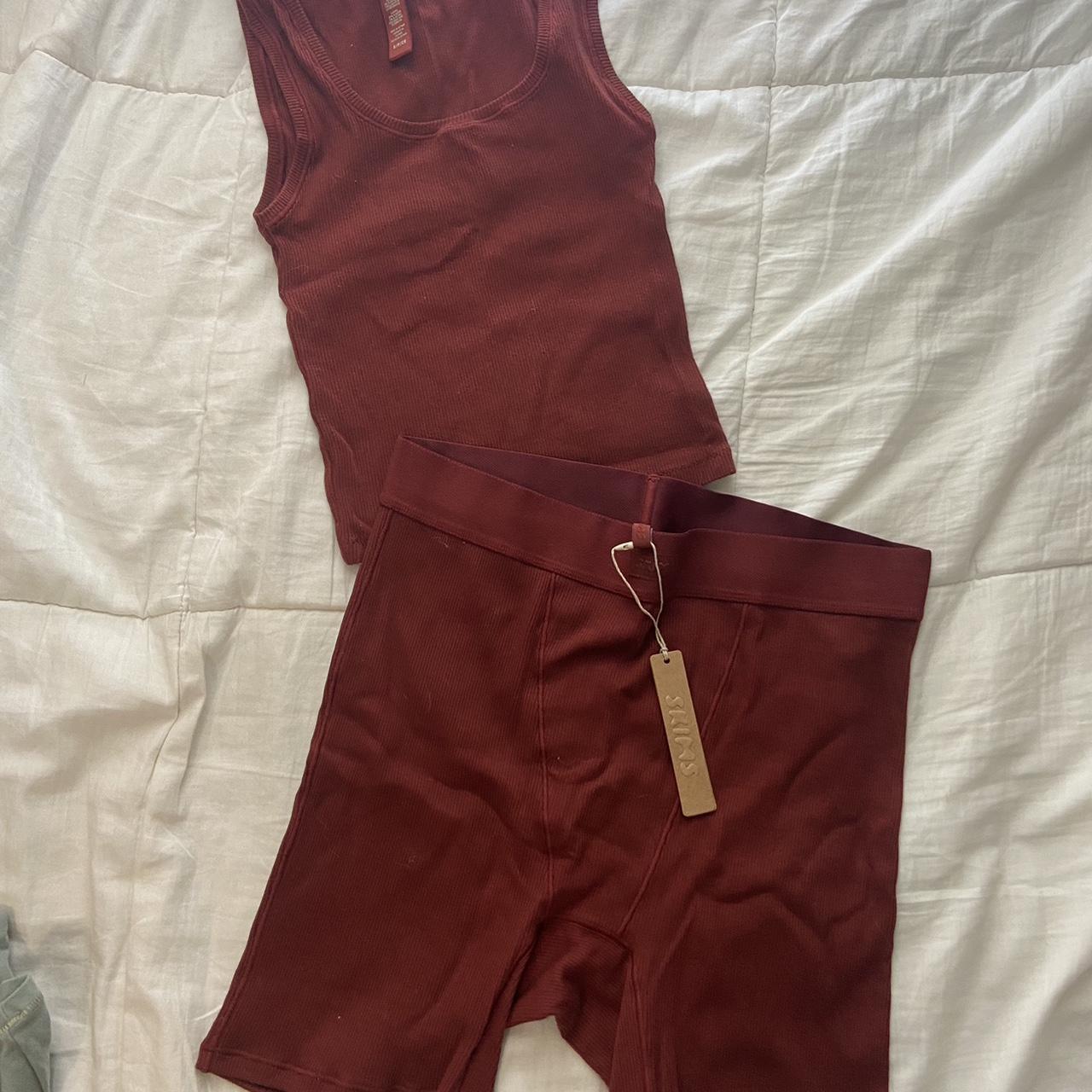 Skims ribbed tank and boxer set in maroon (size... - Depop