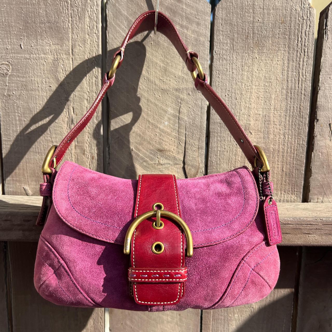 Coach y2k shoulder bag gold buckle raspberry pink suede | Depop