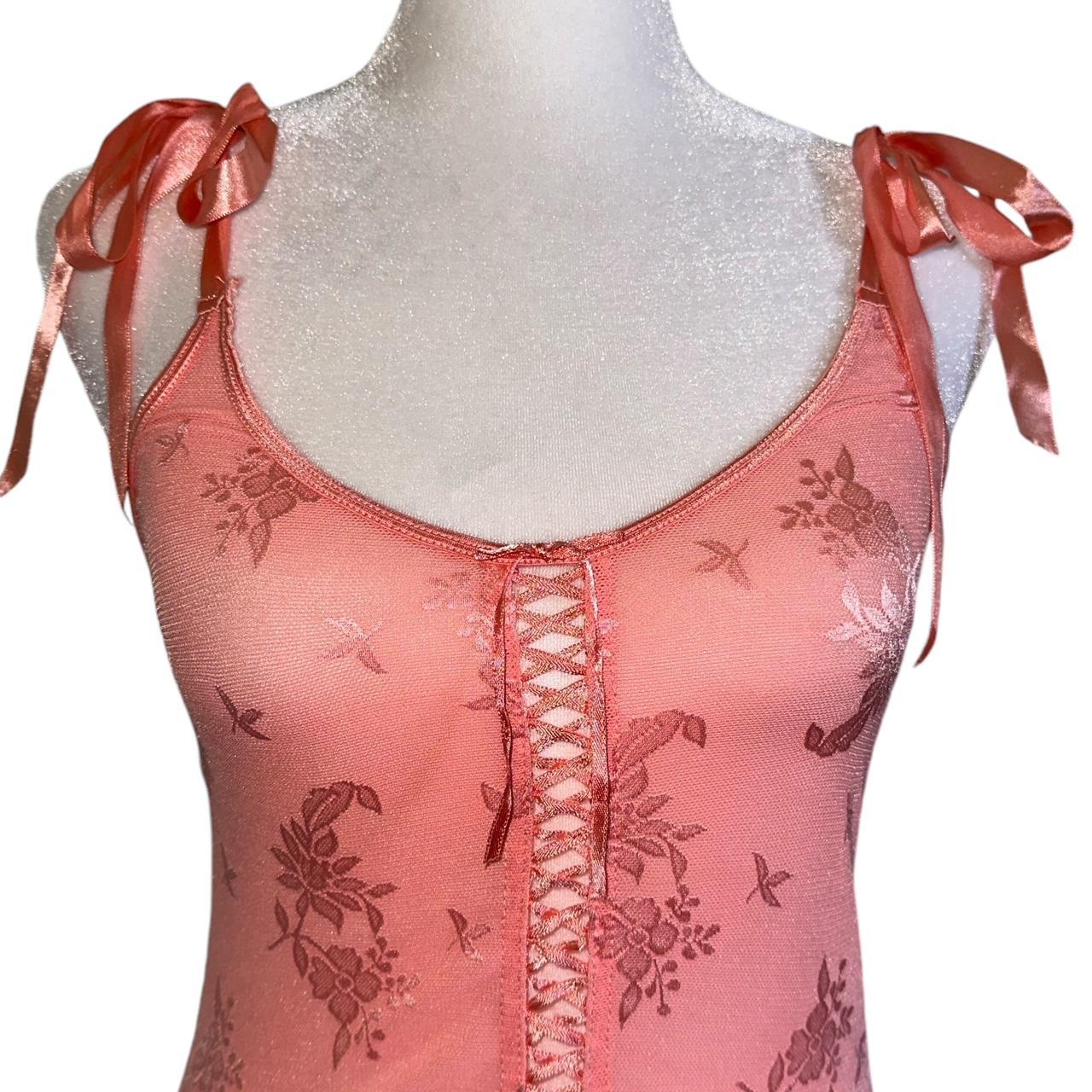 pink sheer cami top with floral detailing straps... - Depop
