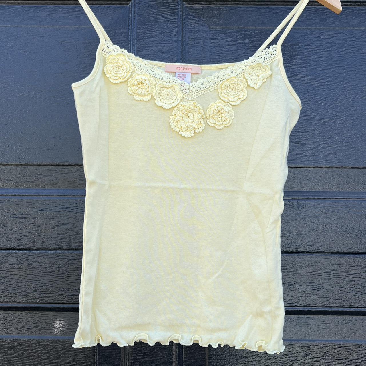 y2k/00’s cute yellow cami top with crochet rose... - Depop