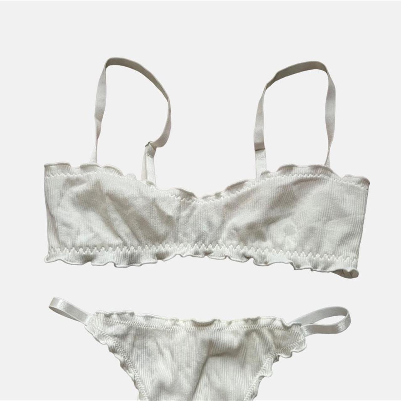 White ribbed ruffle detail cute lingerie two piece... - Depop