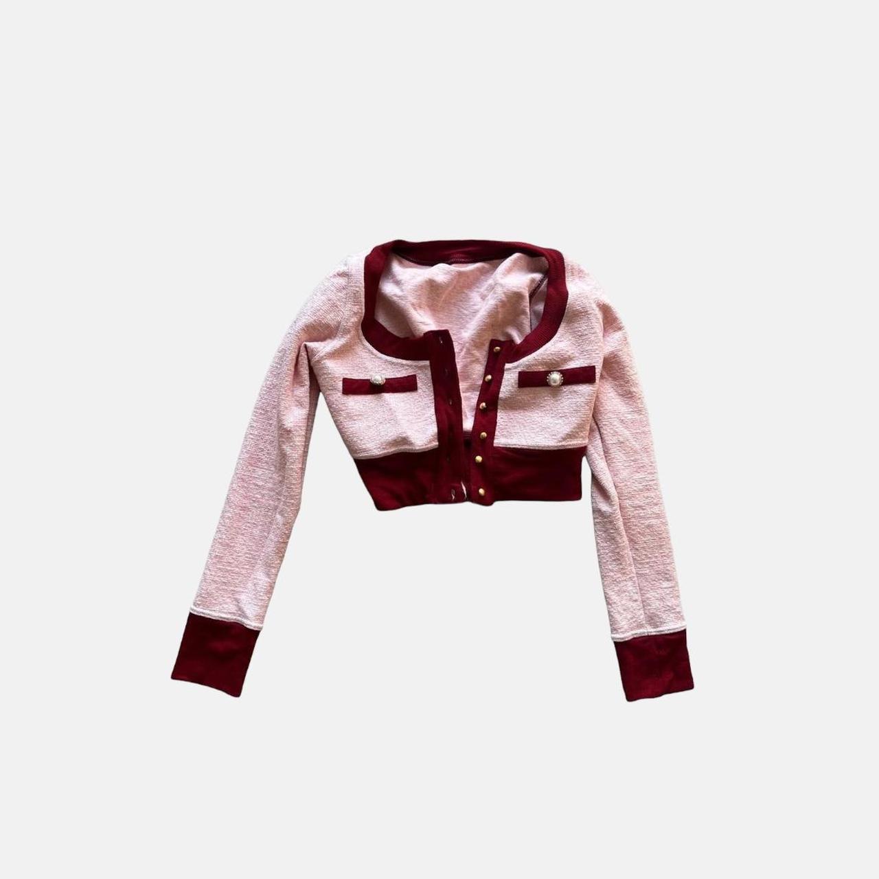 Preppy pink and red button up long sleeve cardi top... - Depop