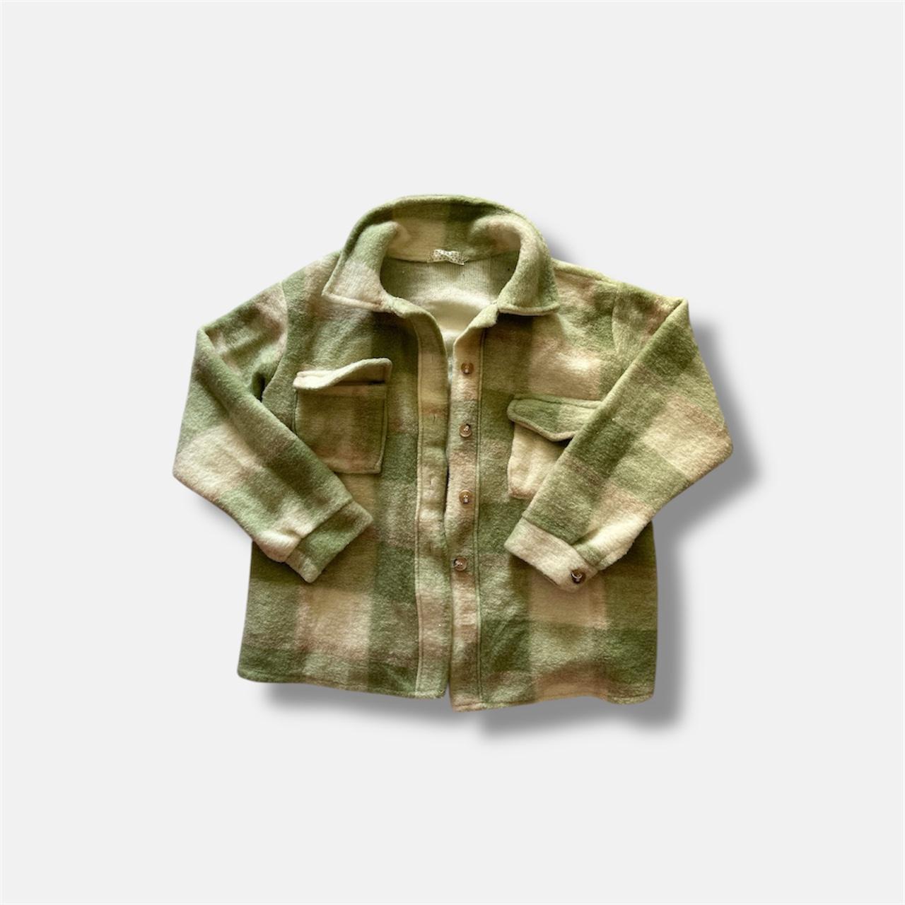 Green & cream check plaid fleece jacket top 💚 brand... | Depop