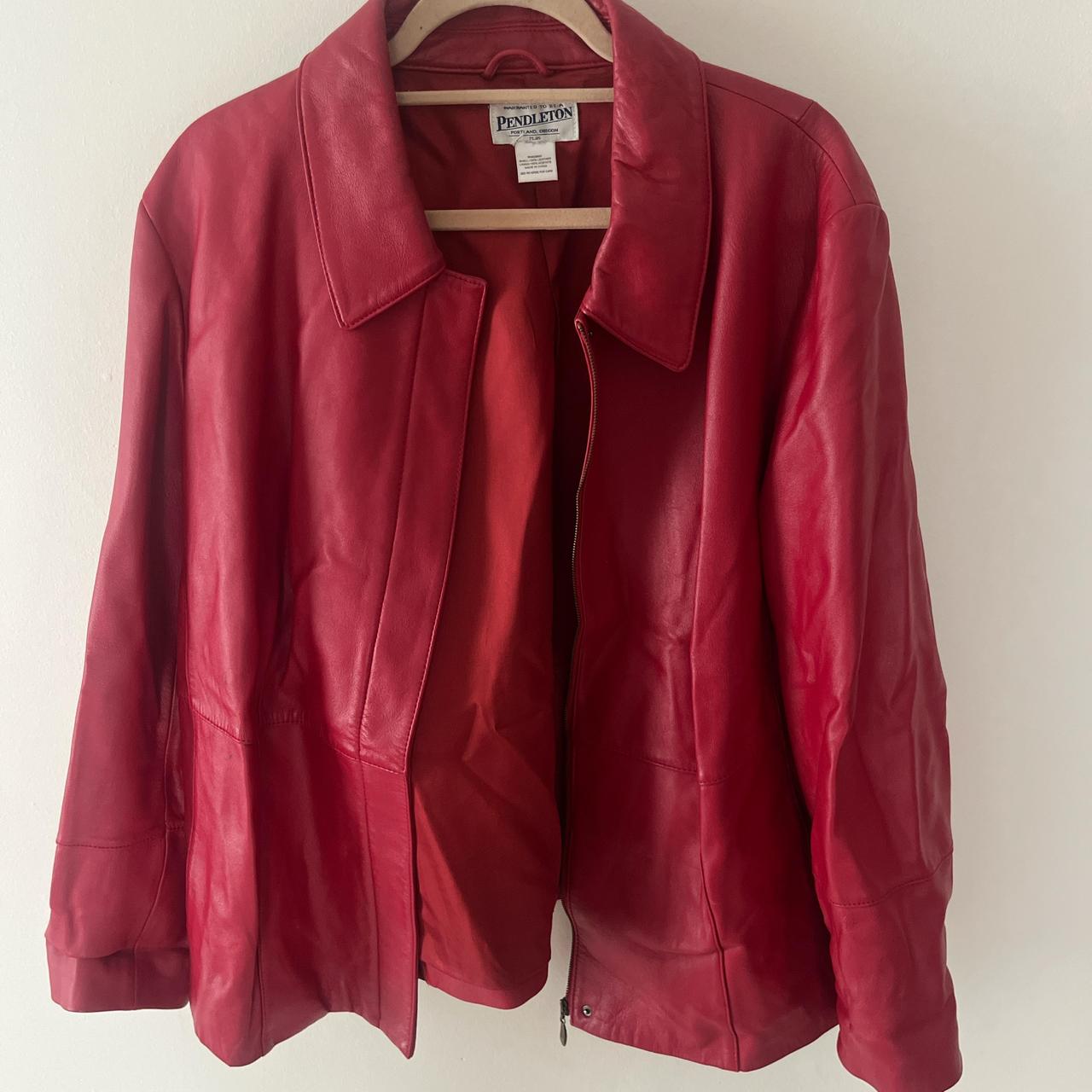 red pendleton 100% leather jacket slight scuffing on... - Depop