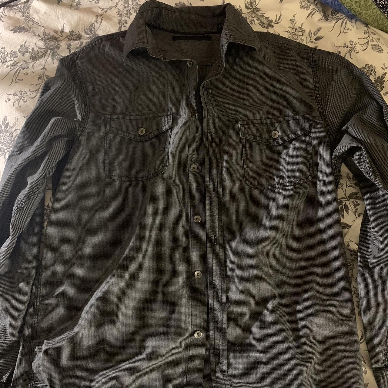Kenneth Cole Dark grey button up with grid pattern - Depop