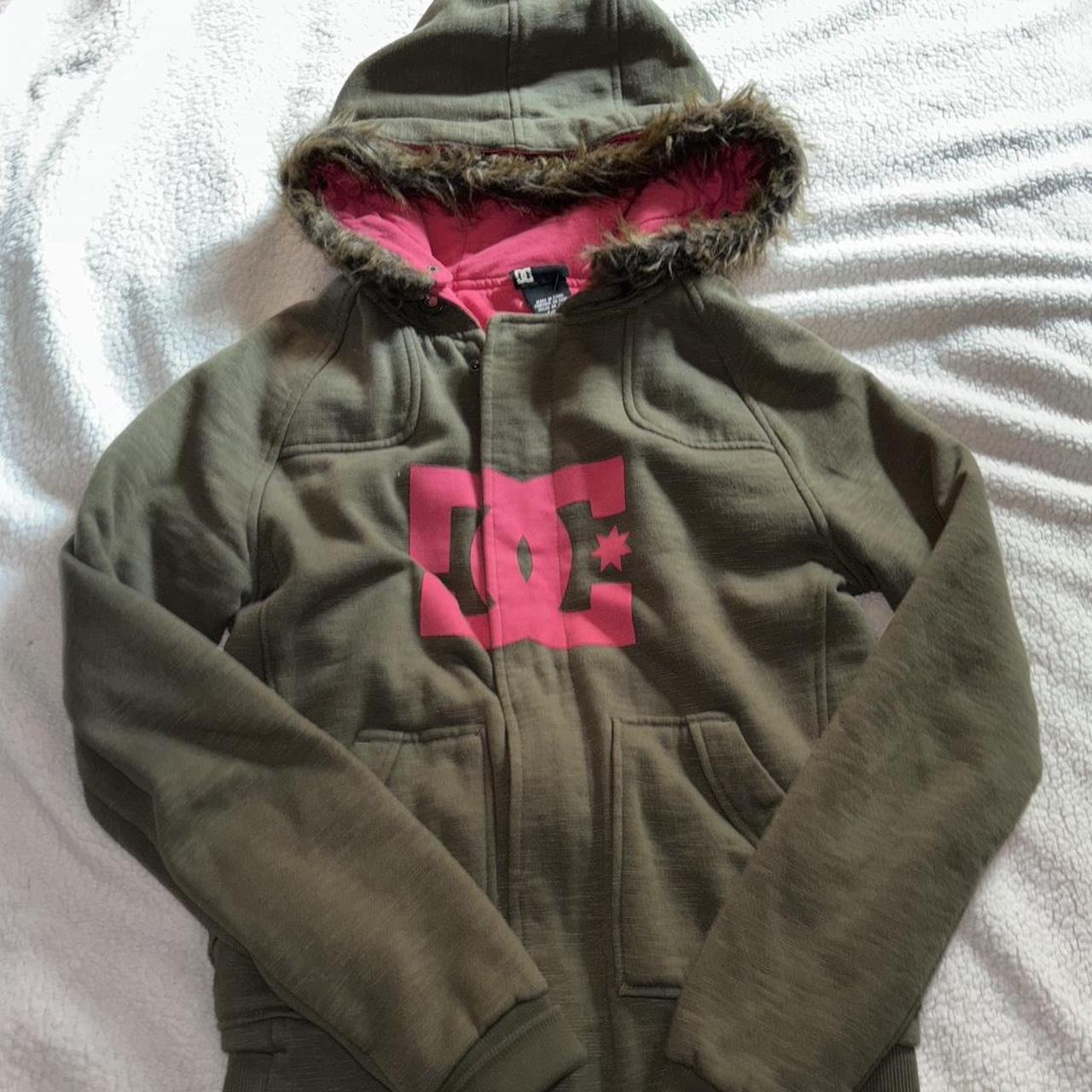 vintage Green and pink DC FUR HOOD zip up/button up... | Depop