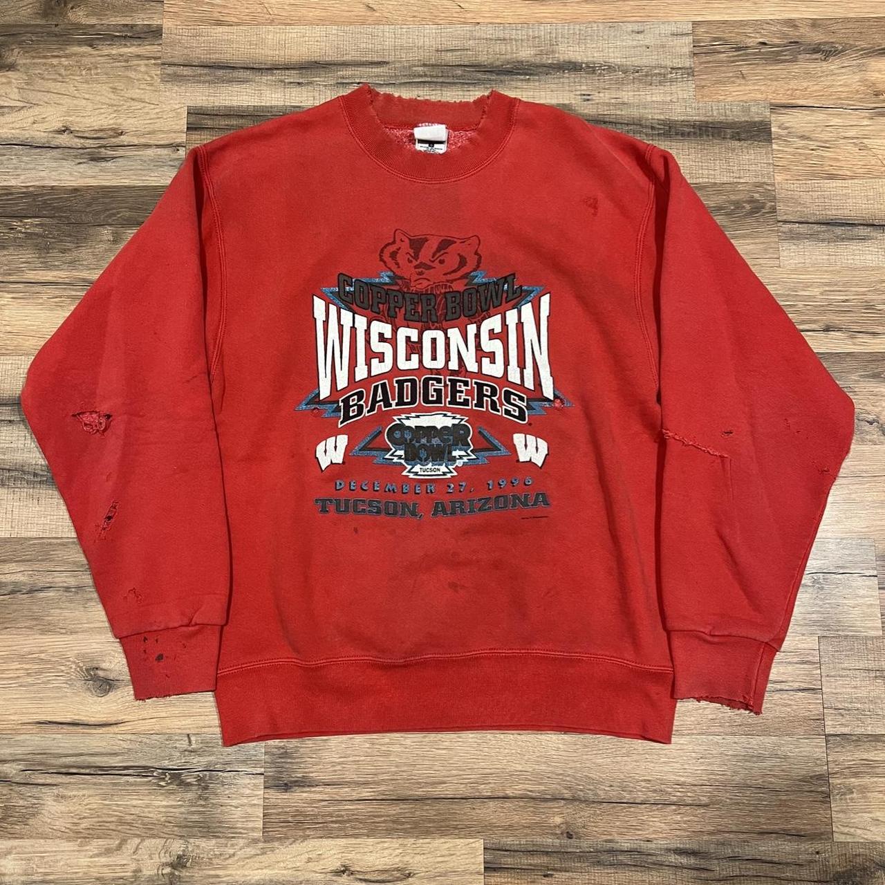 90s Wisconsin badgers crewneck. Flaws o sleeves shown. - Depop