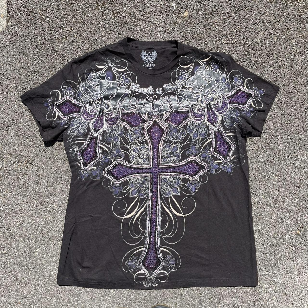 Affliction Men's Black and Purple T-shirt | Depop