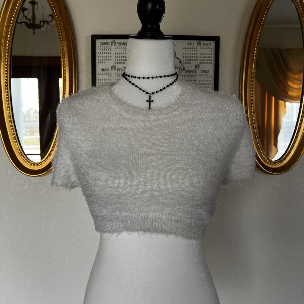 Adorable white fuzzy crop top. Fun way to spruce up... | Depop