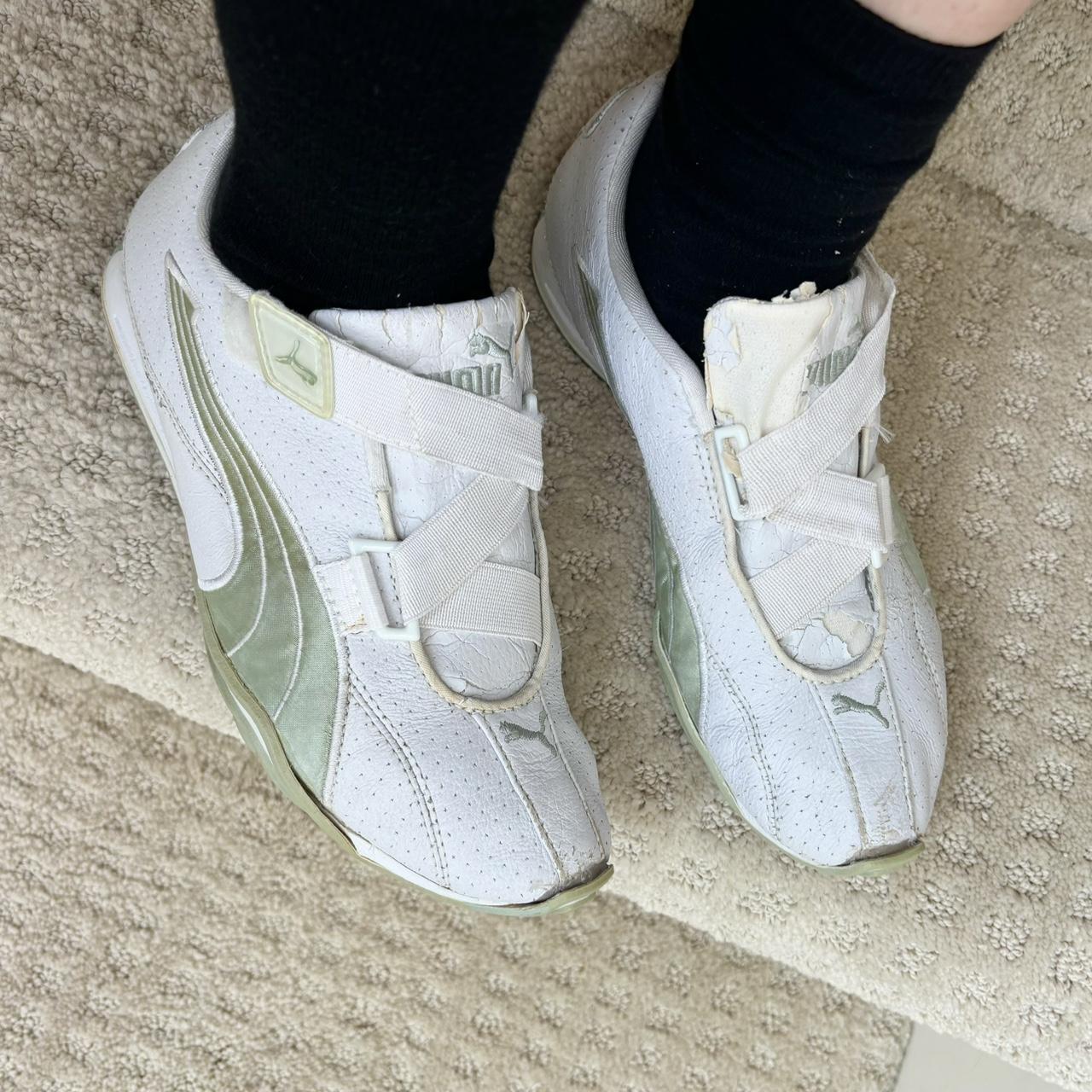 y2k puma cell bashy sneakers green satin and... - Depop