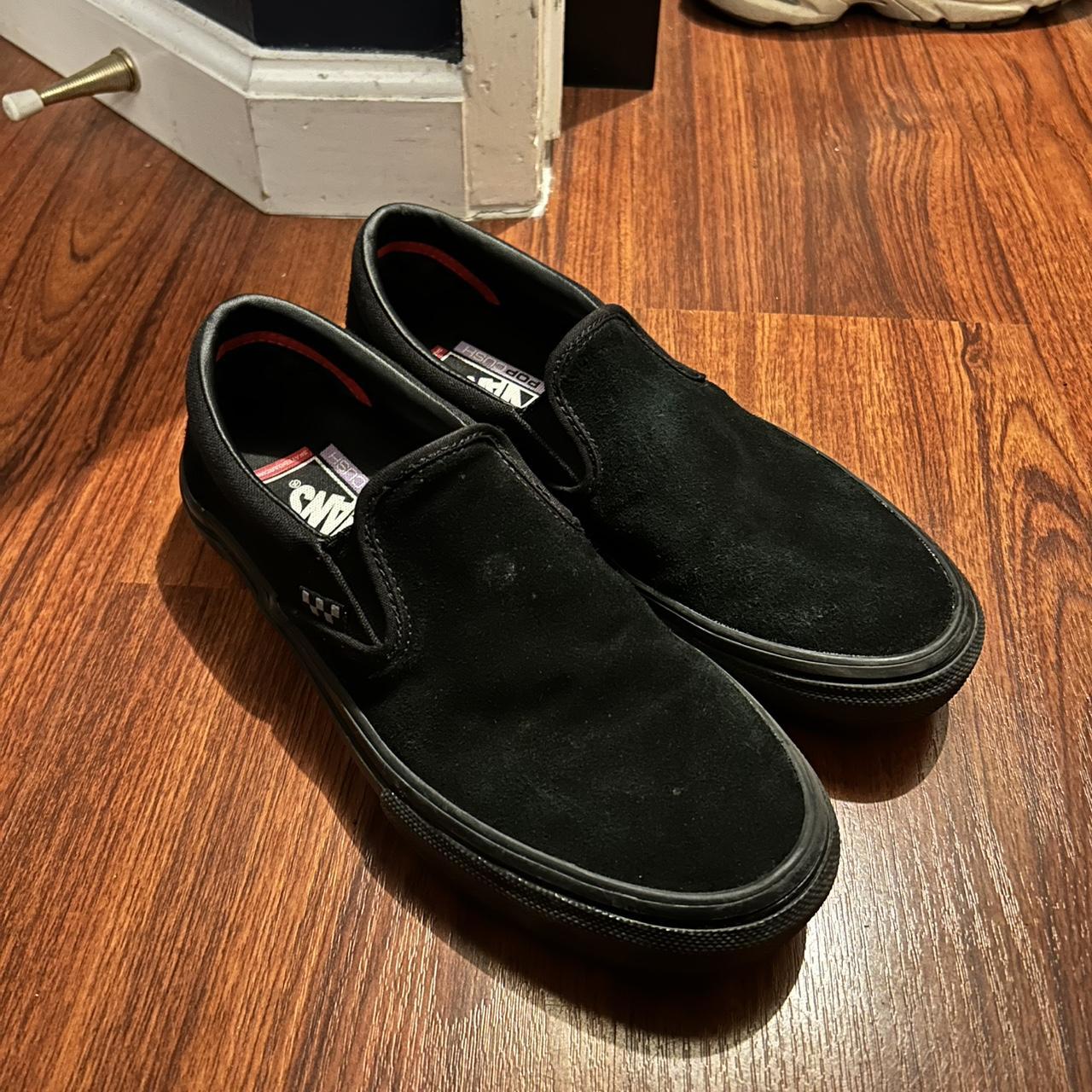 Black Vans suede slip-on trainers with checkered... | Depop