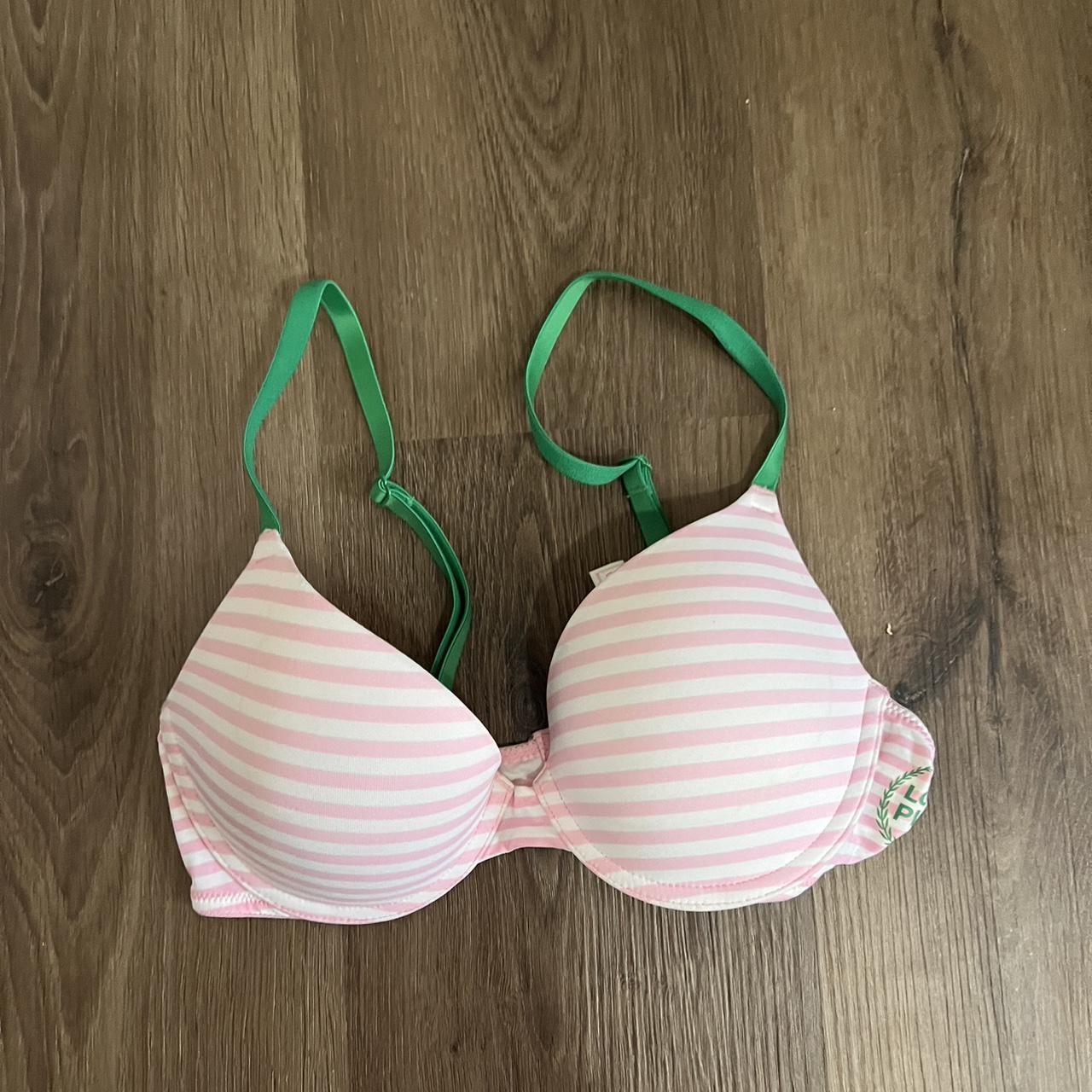 Pink and green striped push-up bra #lingerie size... - Depop