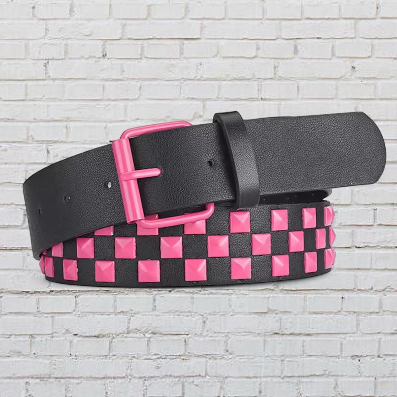 Black and pink checkered studded leather belt FREE... | Depop