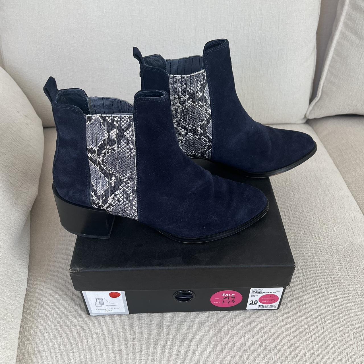 Mimco Boots Navy with snake print detail Suede... - Depop