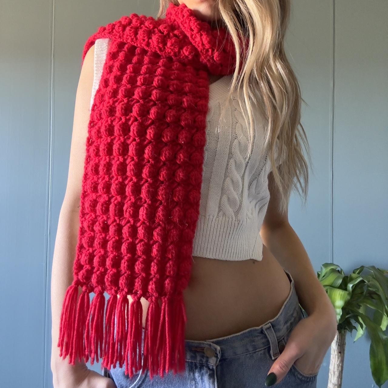 chunky red trendy fall knitted scarf • trendy fall... - Depop