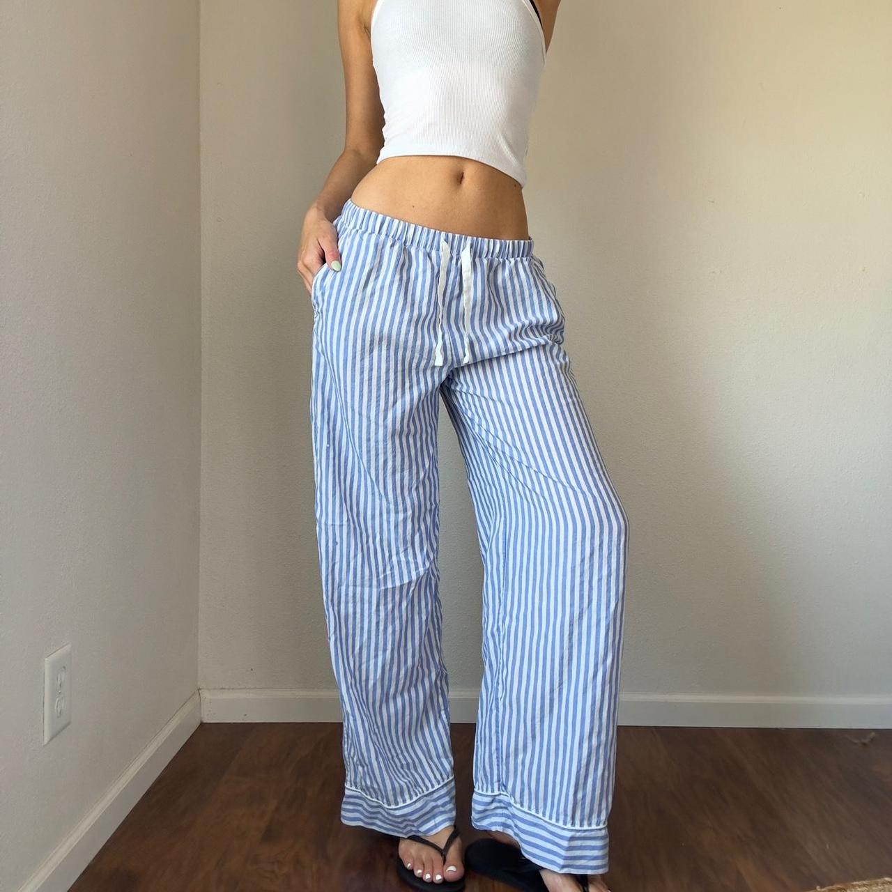 blue & white striped pj pants • trendy striped pj... - Depop