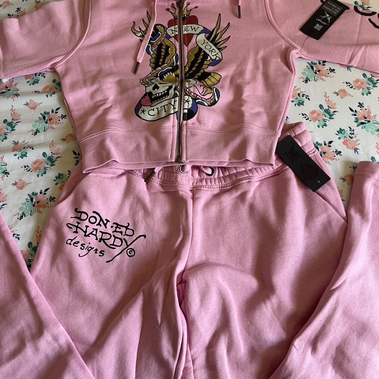 Bubble gum pink pink ED HARDY tracksuit hoodie and... - Depop