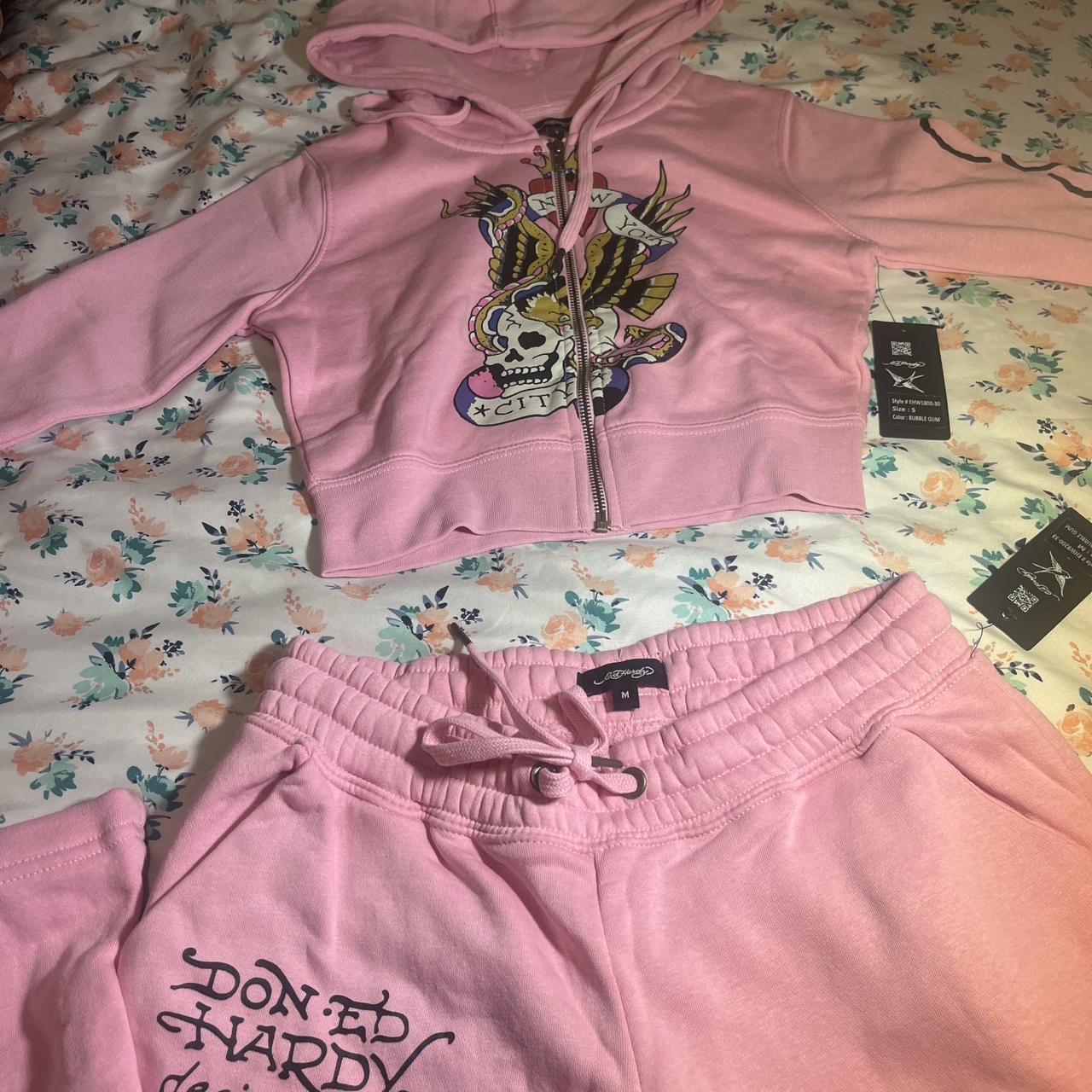 Bubble gum pink pink ED HARDY tracksuit hoodie and... | Depop