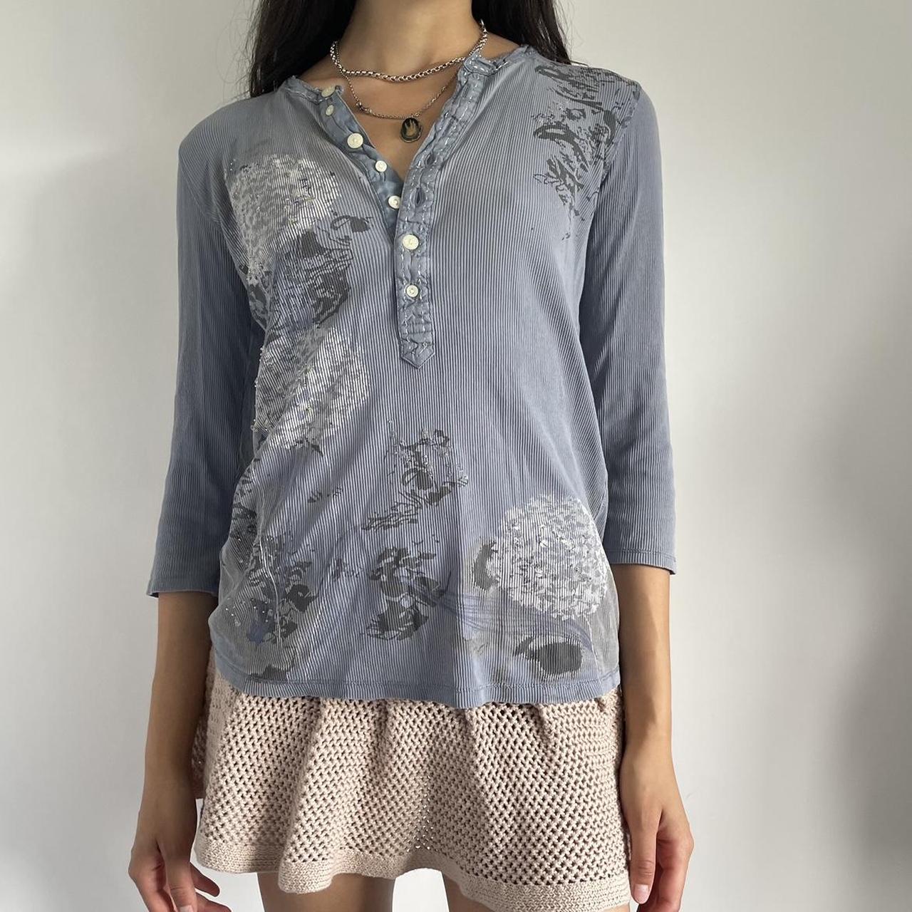00s muted pale blue 3/4 sleeve top with cute... - Depop
