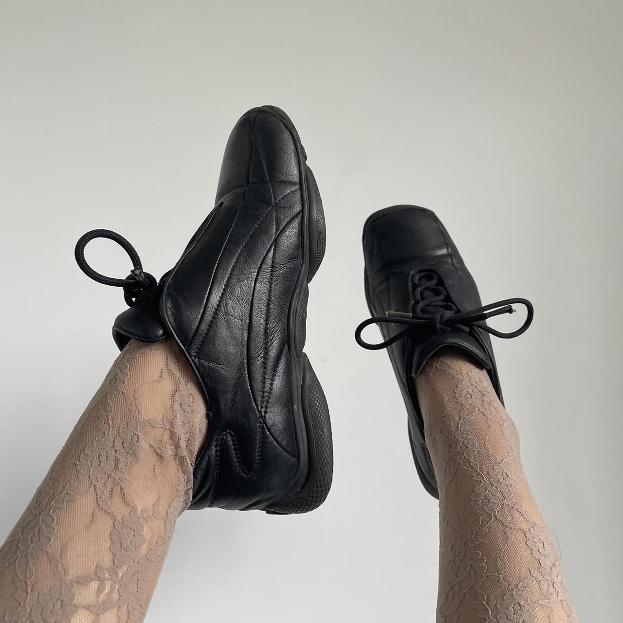 90s 00s Prada square toed leather trainers with... - Depop