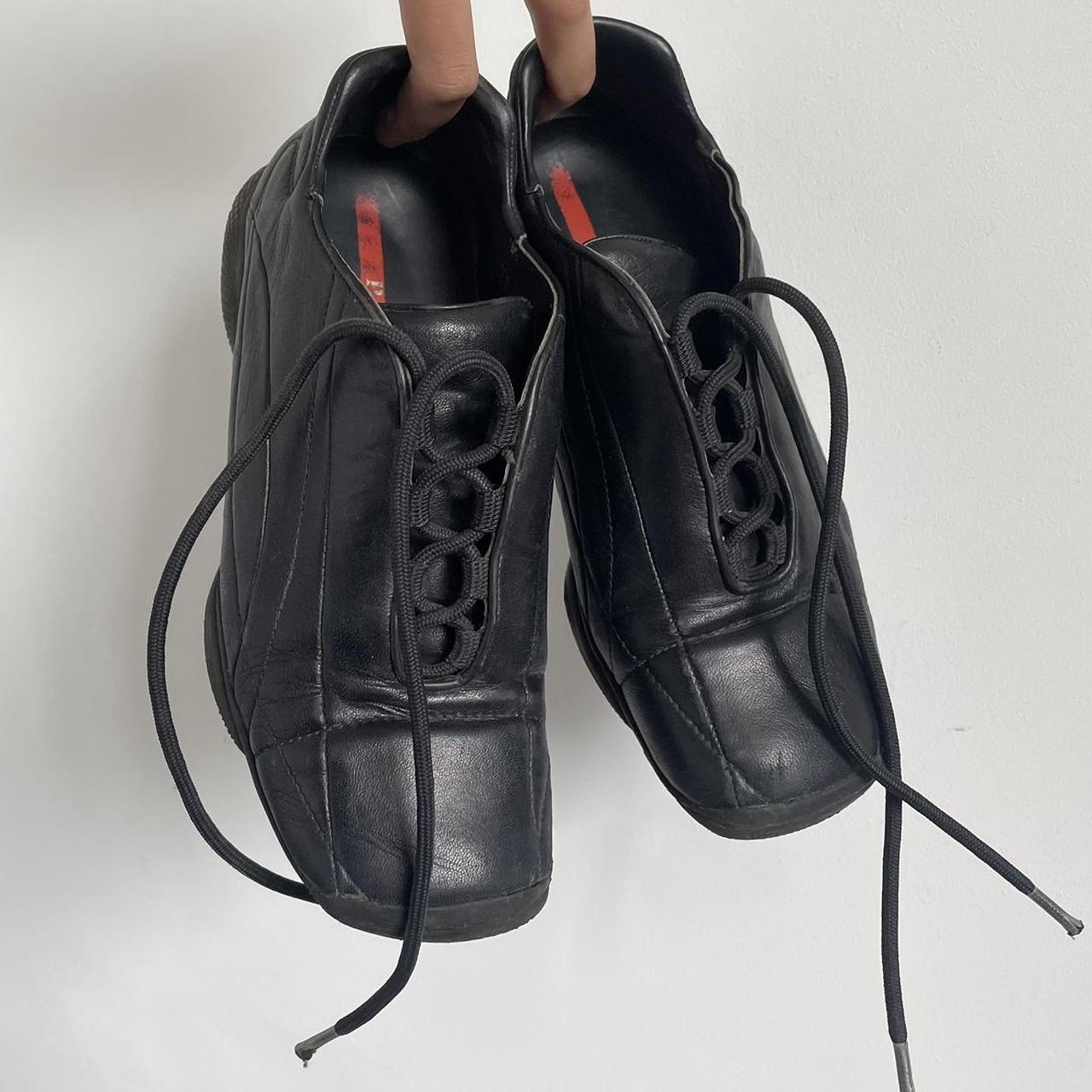 90s 00s Prada square toed leather trainers with... - Depop