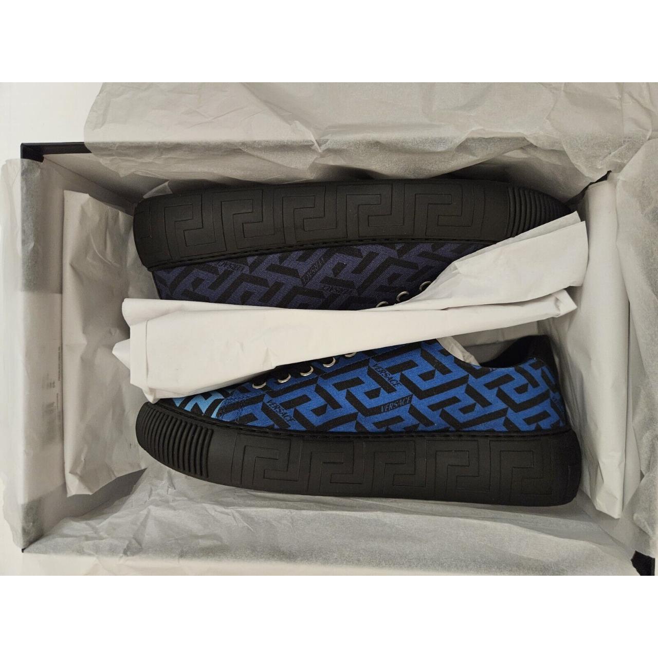 VERSACE Men's Navy Blue La Greca Sneakers Size... - Depop