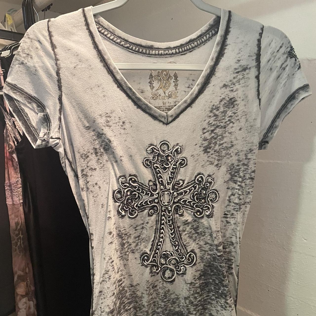 super cute white cross shirt kind of sheer really... - Depop