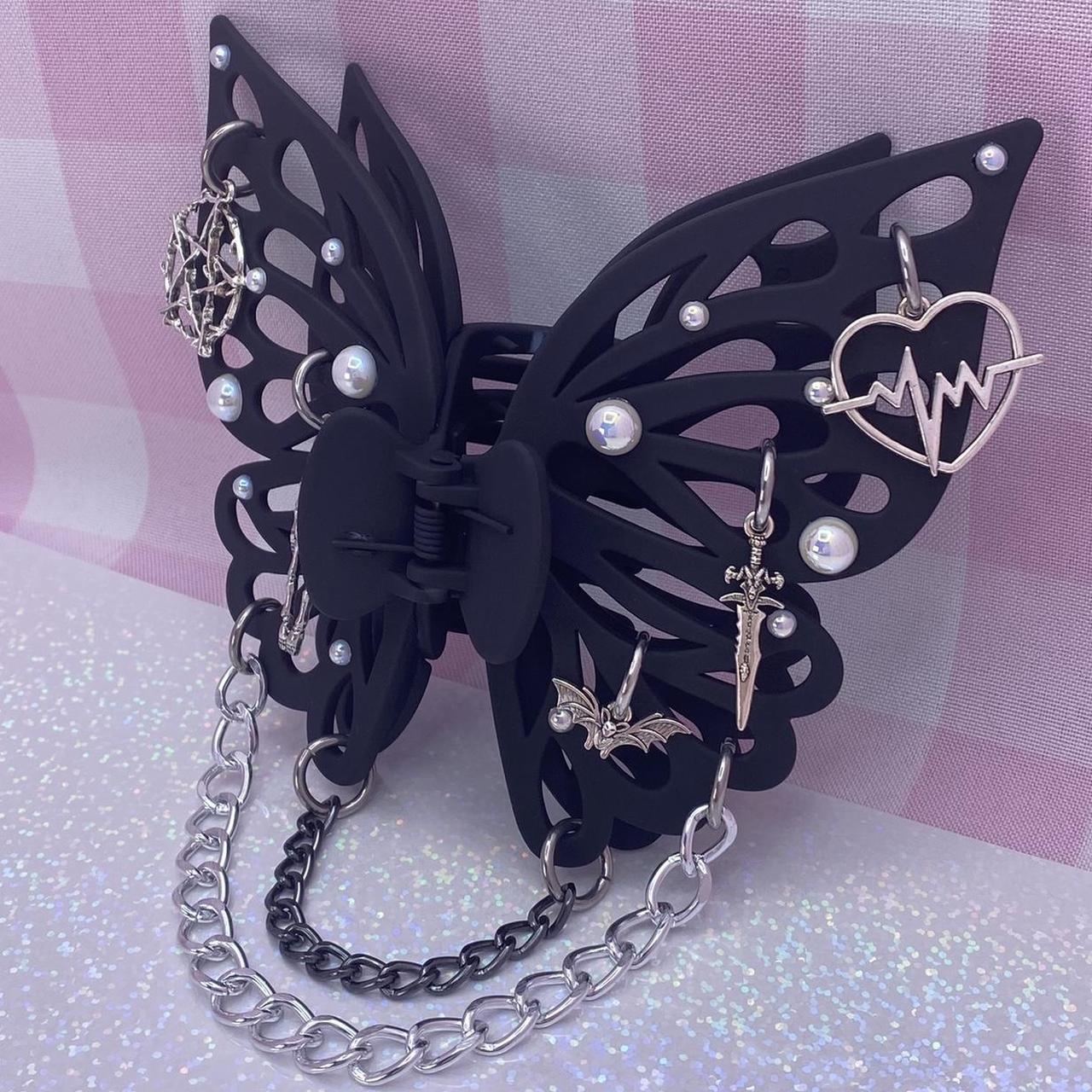 Gothic Alt Chained Butterfly Hair Clip ♡ Black matte... - Depop