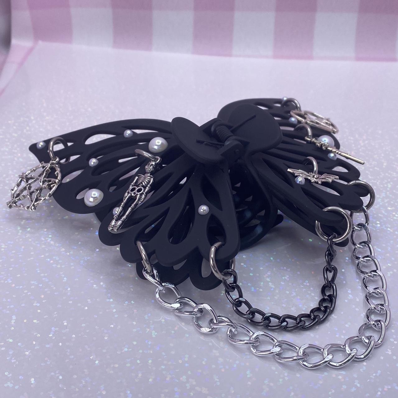 Gothic Alt Chained Butterfly Hair Clip ♡ Black matte... - Depop