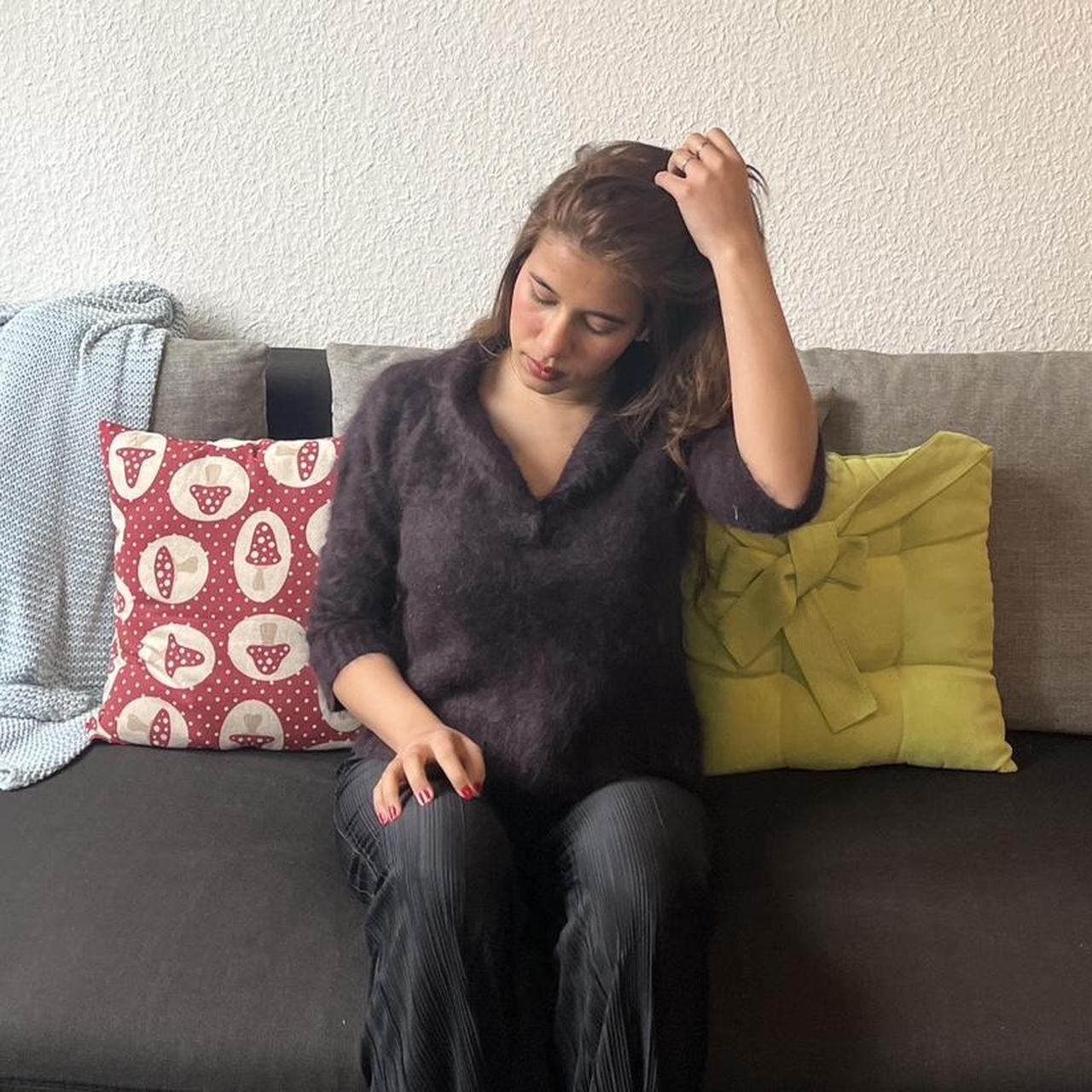 Deep Brown-Black 70% Angora wool collared crop... - Depop