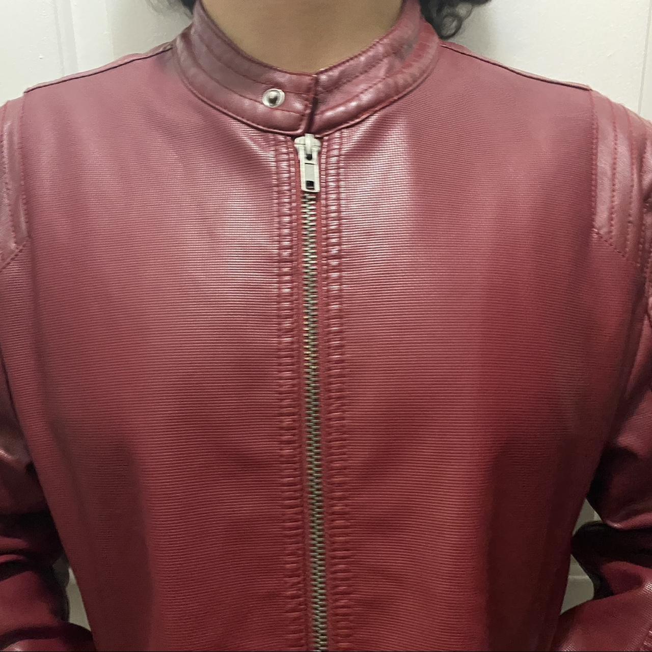 Unisex Burgundy/Red leather jacket from Guess - Large - Depop