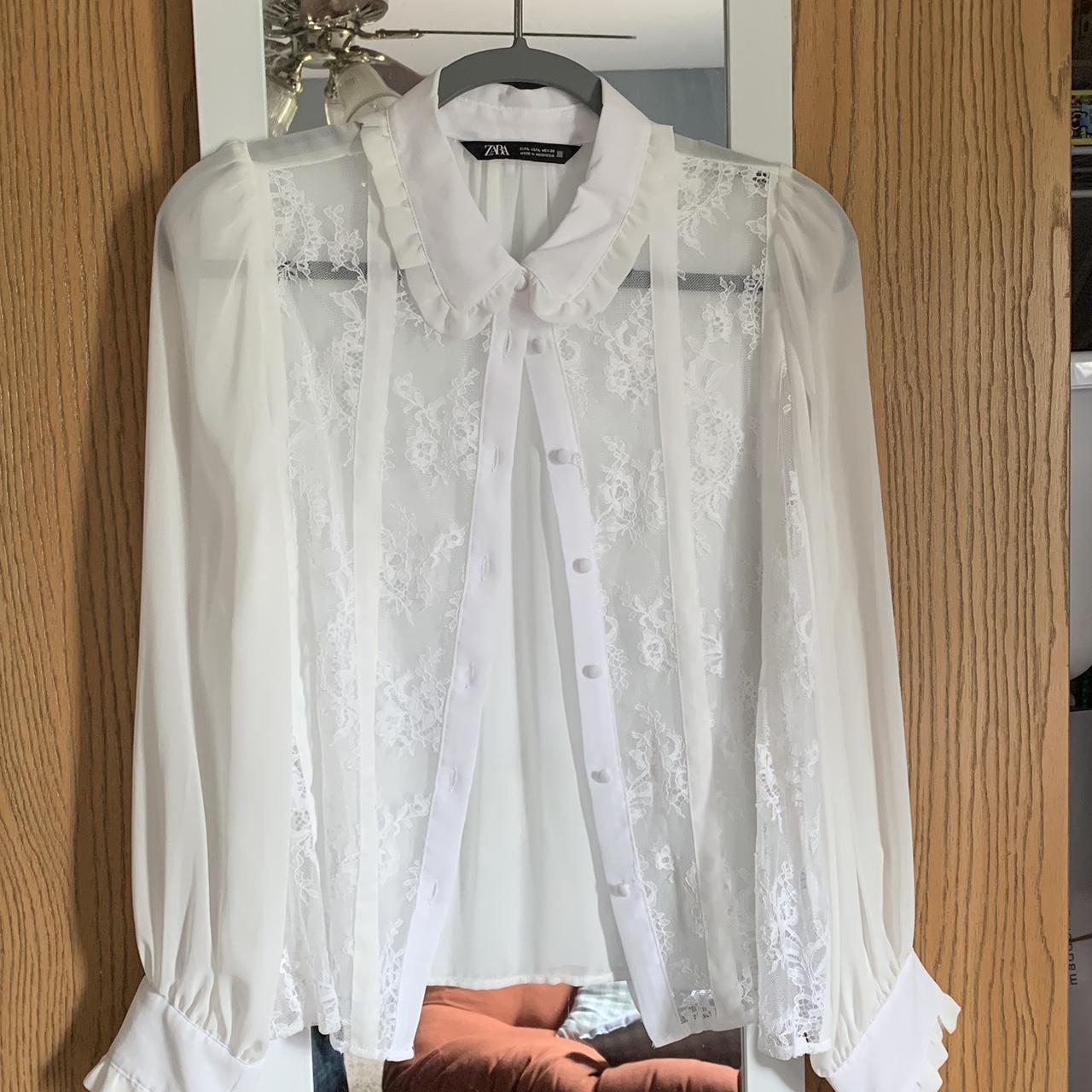 NEW sheer zara button up with ruffled collar and... - Depop