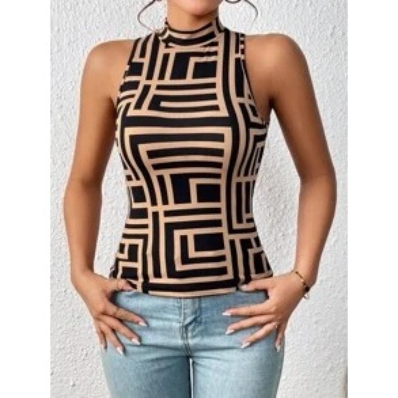 Shein Geometric High Neck Sleeveless Top - Beige &... - Depop