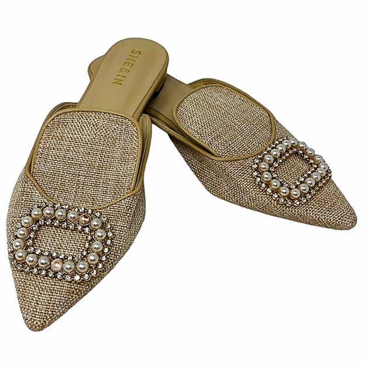 These SHE & IN Burlap Canvas Mules Slides Pearl... - Depop