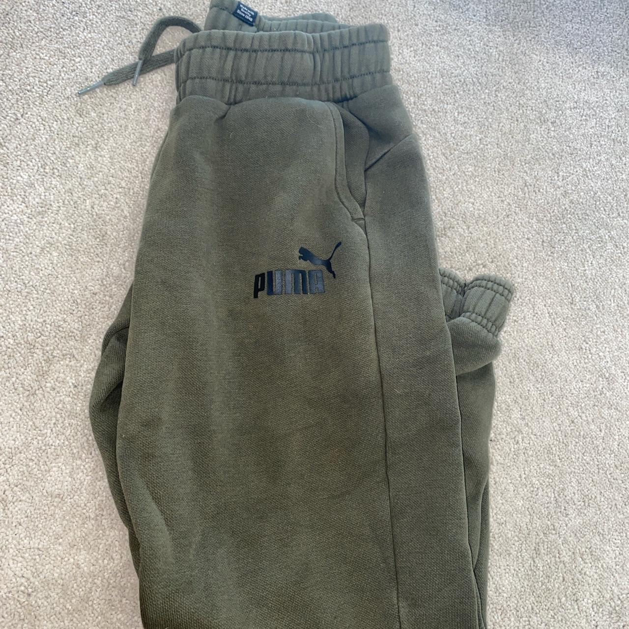 Boys khaki green puma tracksuit bottoms in good... - Depop