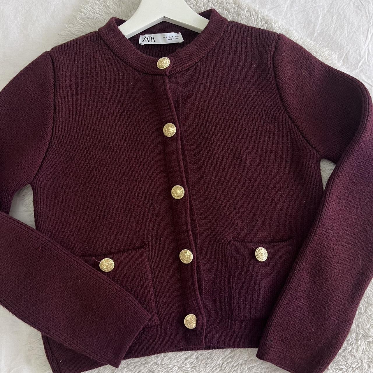 Burgundy wool blend Zara cardigan with gold buttons... | Depop