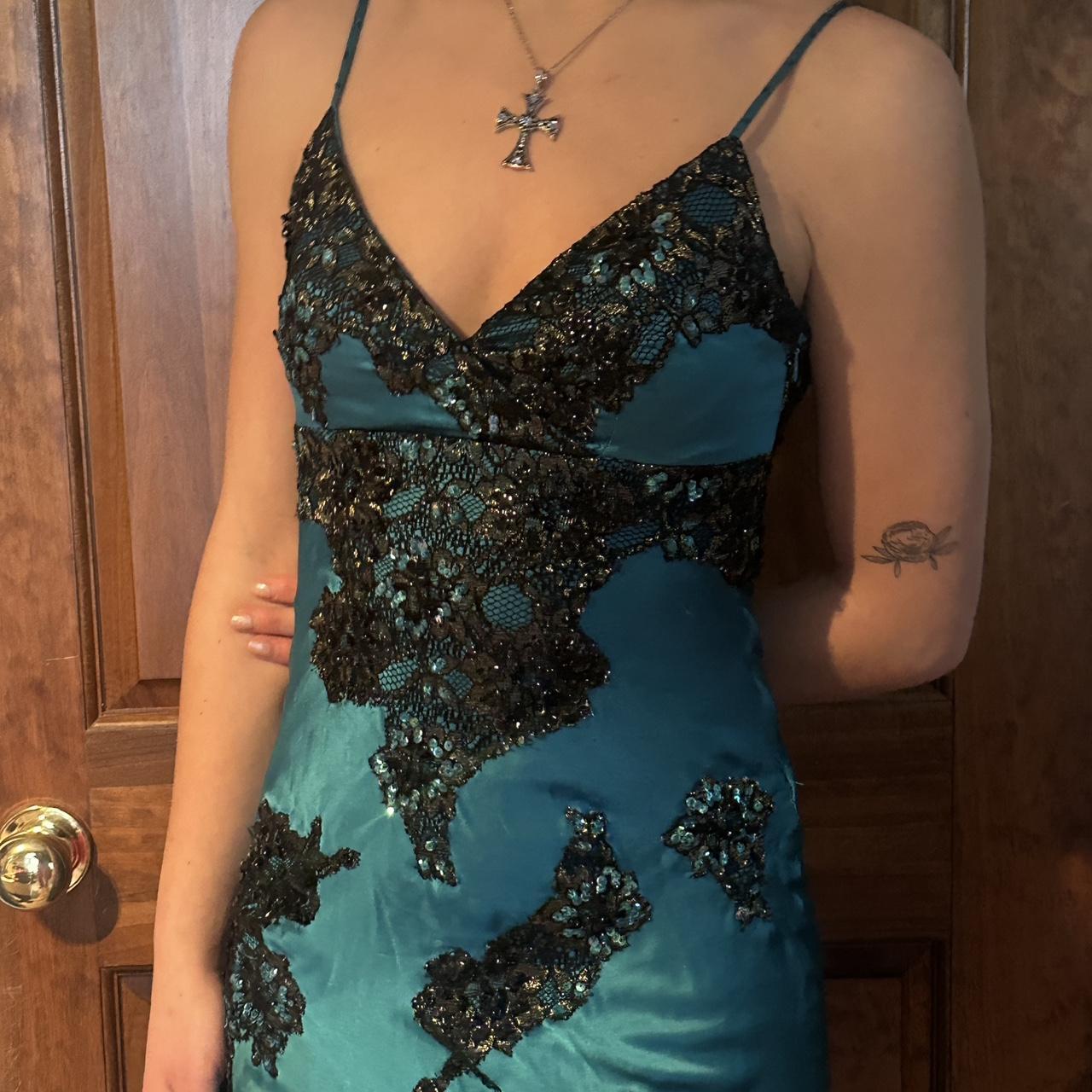 teal vintage Caché formal dress with beautiful... | Depop