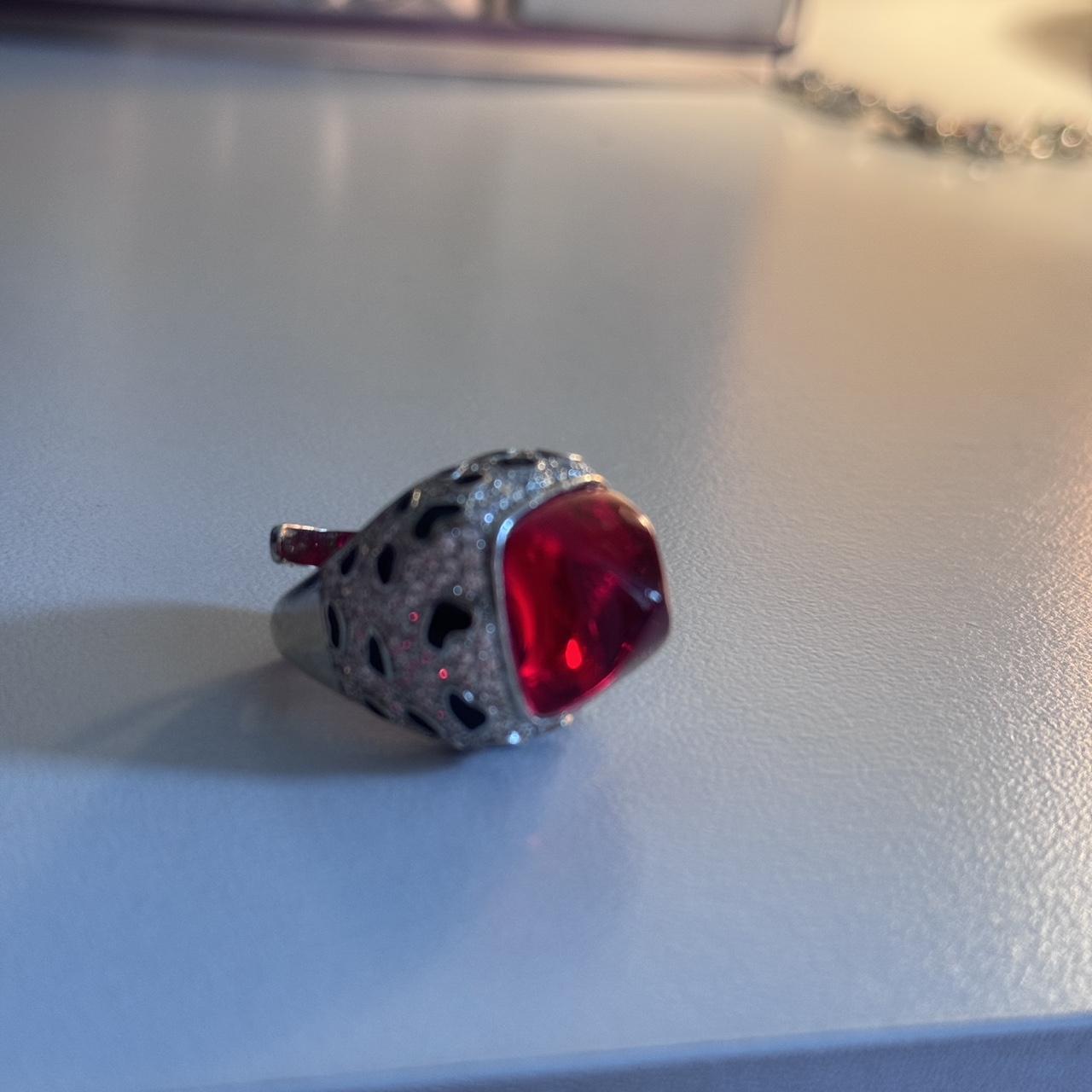 Red ruby rhinestone silver ring with black diamonds... | Depop