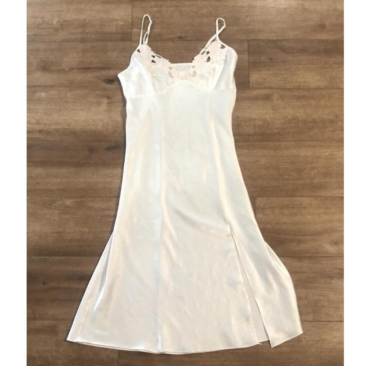 white intimo amore slip dress with a slit... - Depop