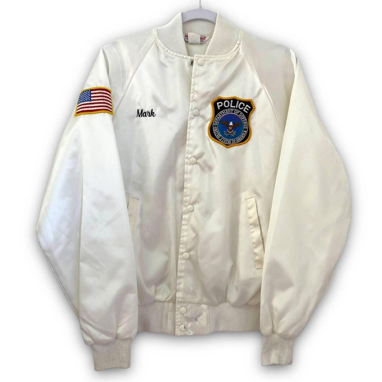 Vintage Police Bomber Jacket with Patches White Size... - Depop