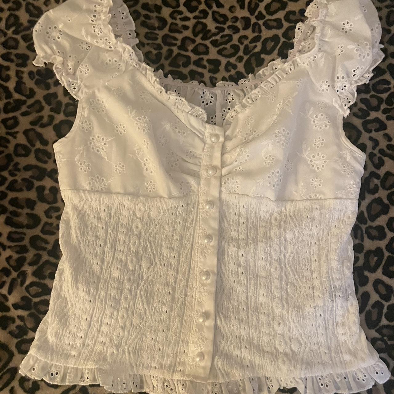 White eyelet lace blouse with pearl buttons... - Depop