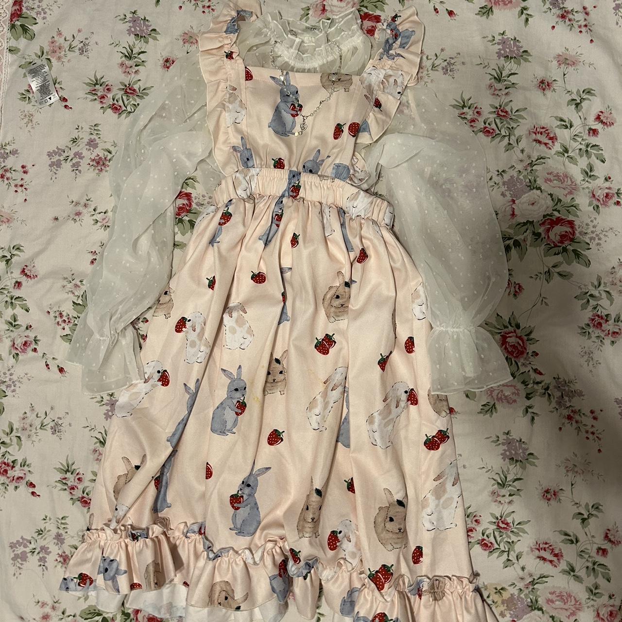 Cutecore Lolita dress with Bunnies and Strawberries... - Depop