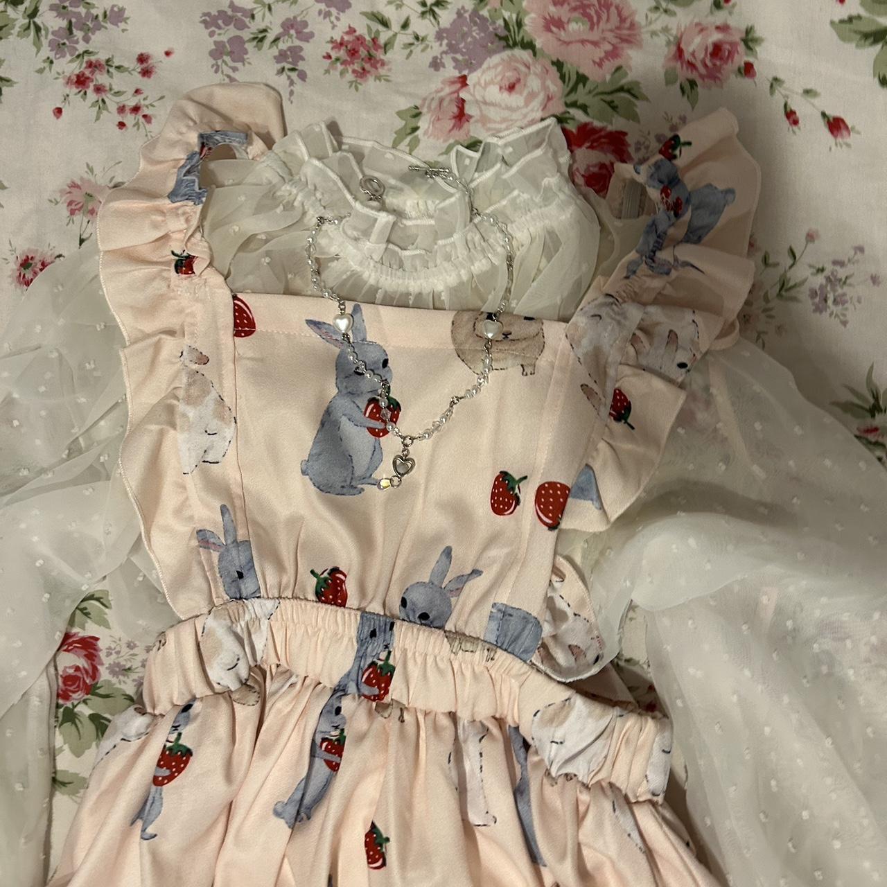 Cutecore Lolita dress with Bunnies and Strawberries... - Depop