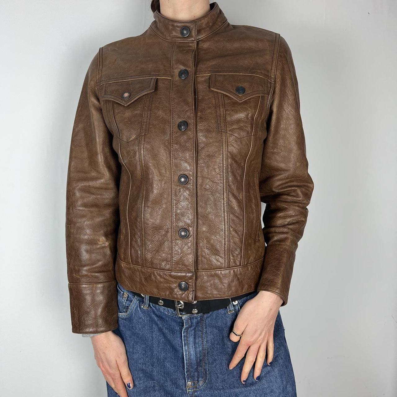 Brown leather jacket Nipped tight fitting jacket... - Depop