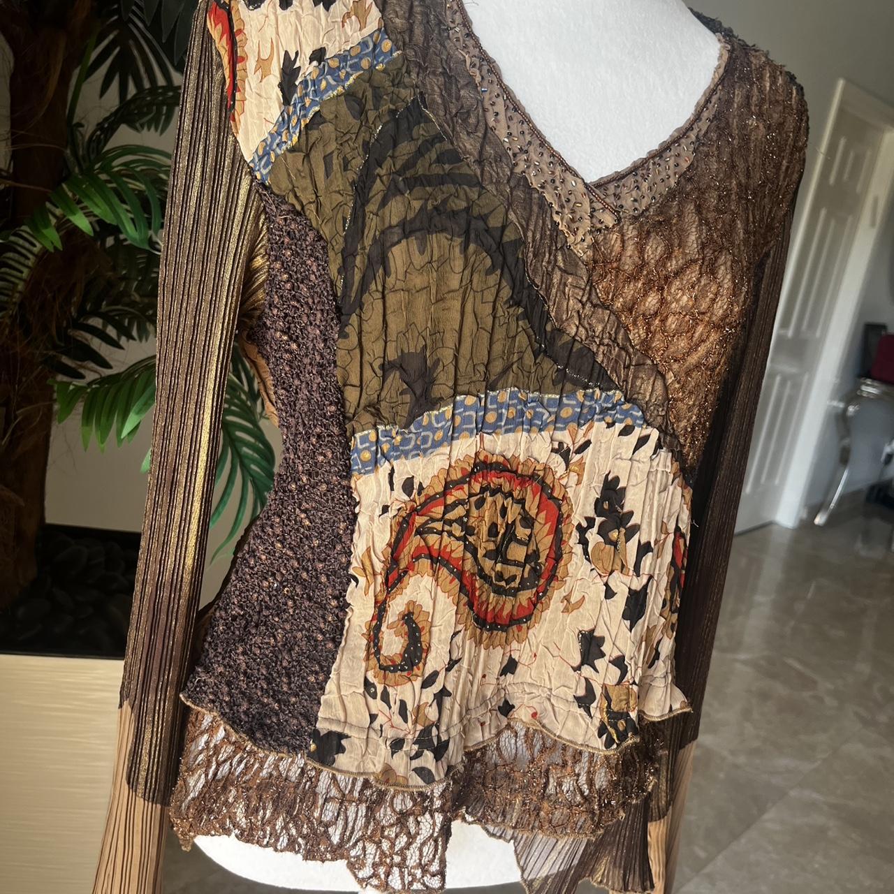 Sheer, mesh, quilted, and patchwork top with a boho... - Depop