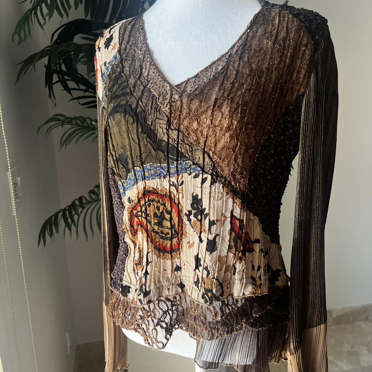 Sheer, mesh, quilted, and patchwork top with a boho... - Depop