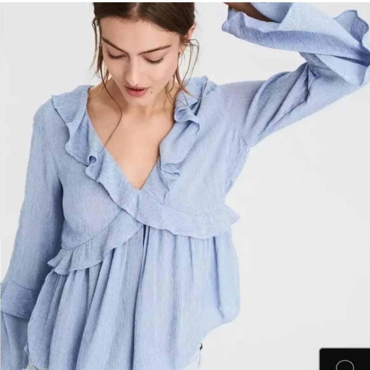 American Eagle Baby Blue V-Neck Ruffle Bell Sleeve... | Depop
