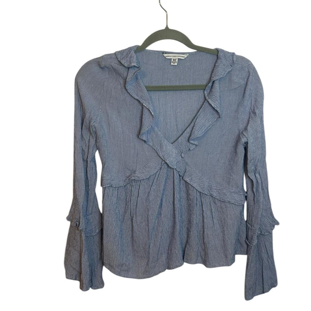 American Eagle Baby Blue V-Neck Ruffle Bell Sleeve... | Depop