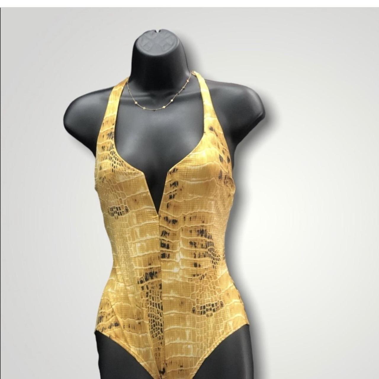 Yellow snakeskin bodysuit •low cut • lightweight... - Depop