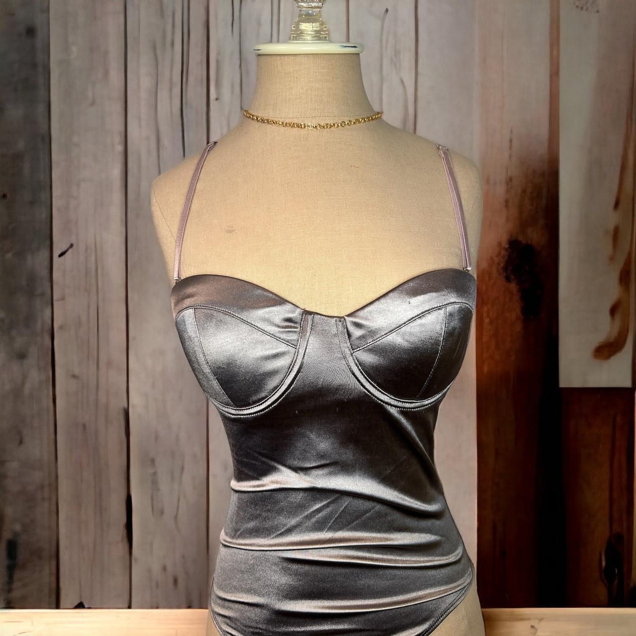 Silver metallic bodysuit, cheeky , purple spaghetti... - Depop